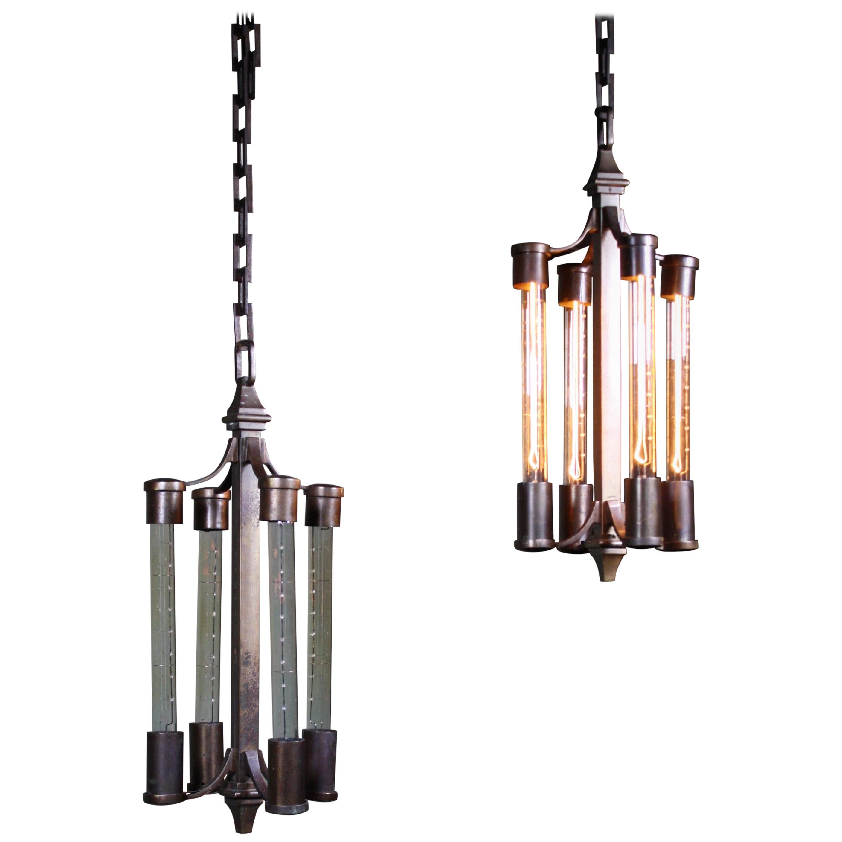 Pair of Peter Behrens Brass Opaline and Frosted Glass Pendants Lights ...