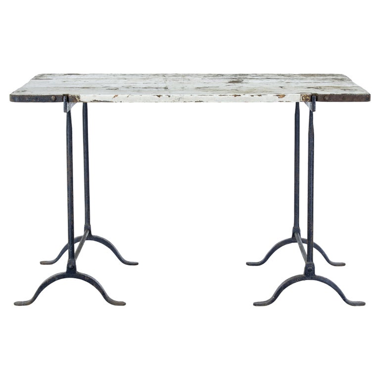 Early 20th Century Pine and Iron Trestle Work Table at 1stDibs