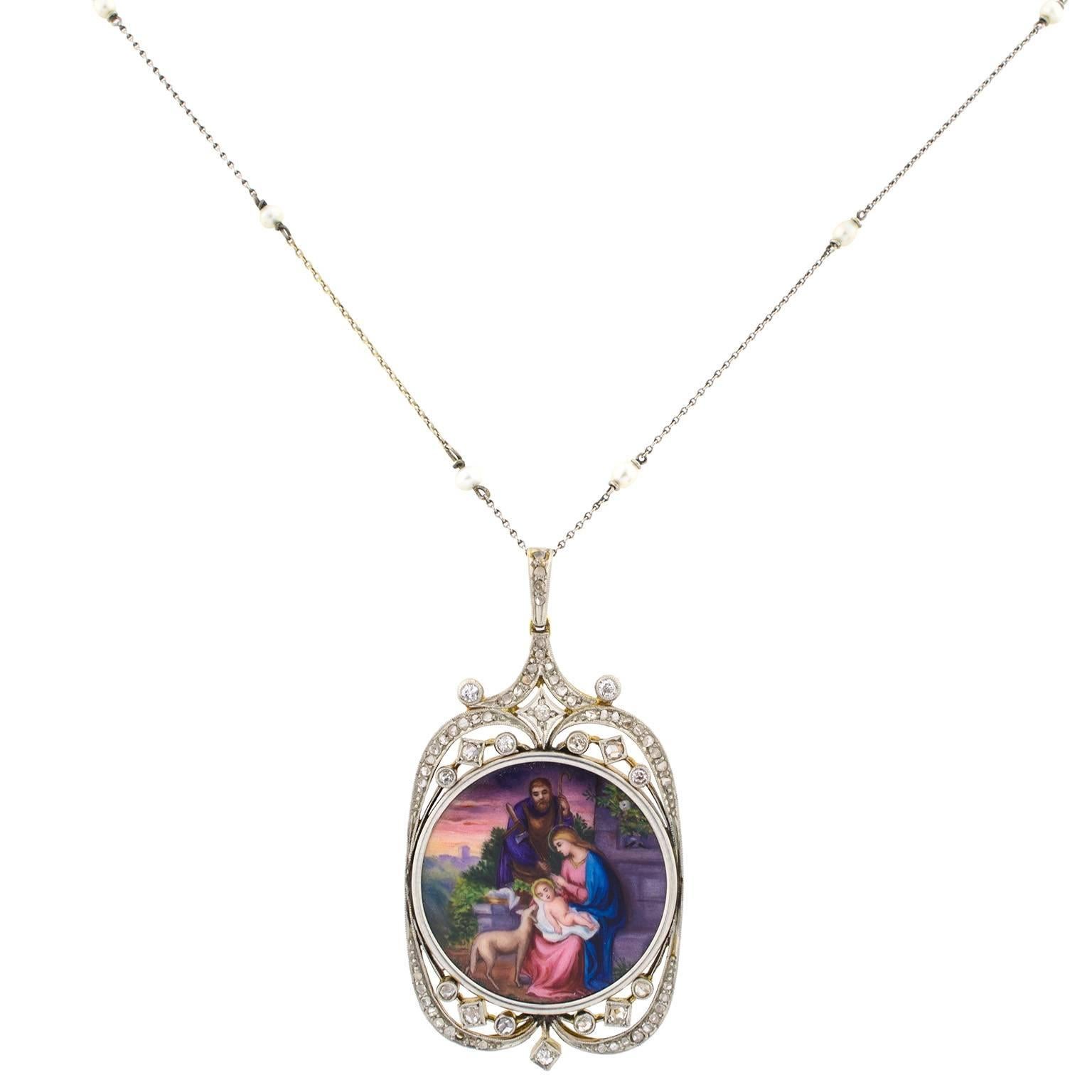 Early 20th Century Platinum 18K Gold Enamel Diamonds Pearls Nativity ...