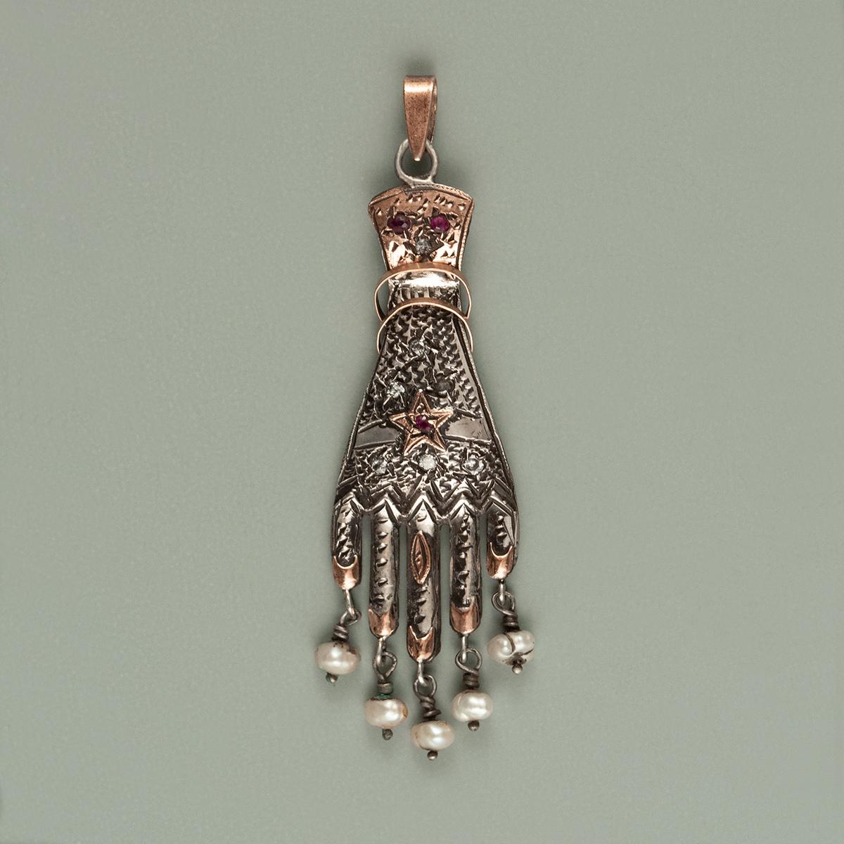 Early 20th Century Silver, Gold and Pearl Khamsa Pendant Amulet, Tunis ...