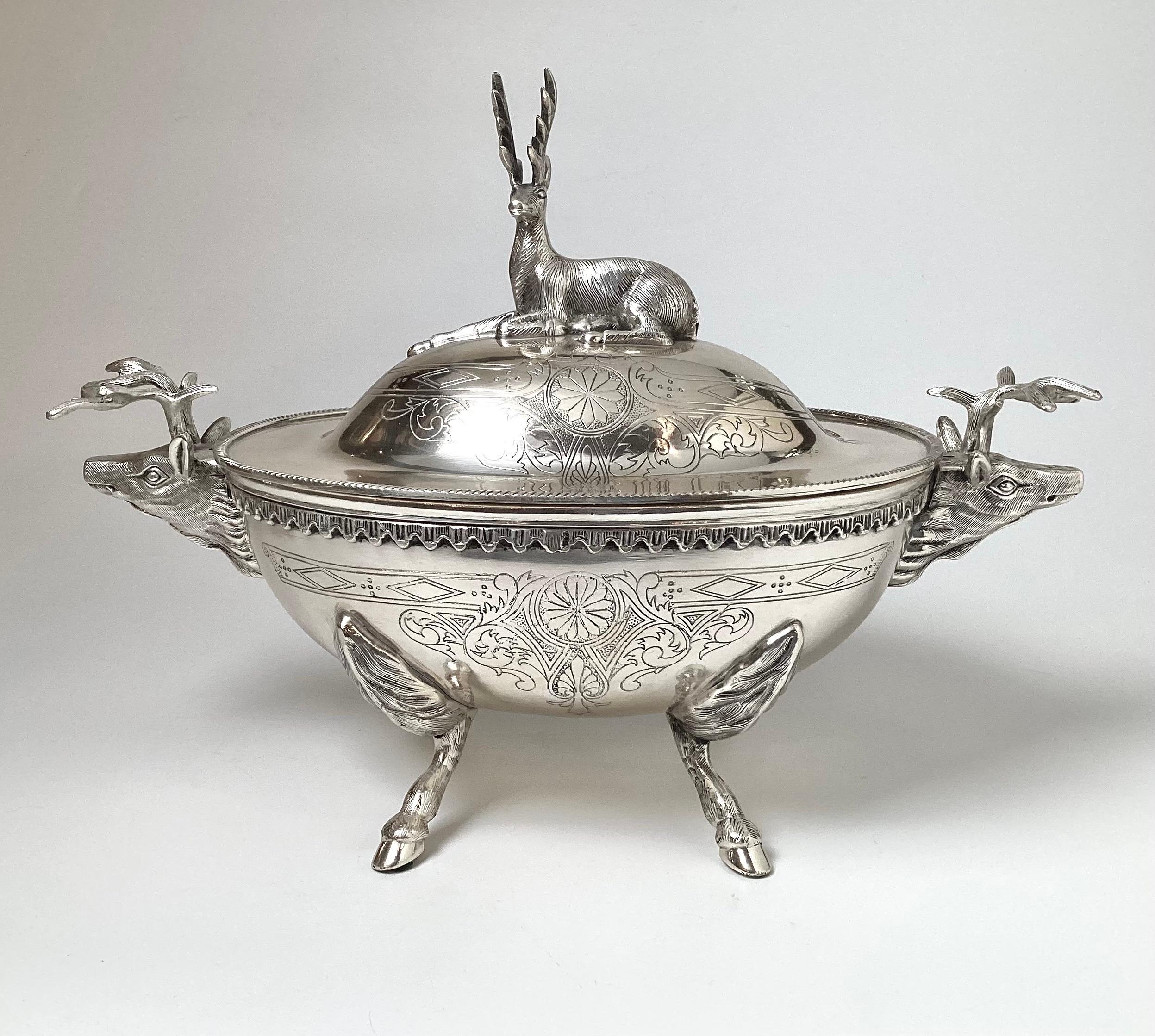 Early 20th Century Silver Plate Elk Motif Tureen For Sale at 1stDibs