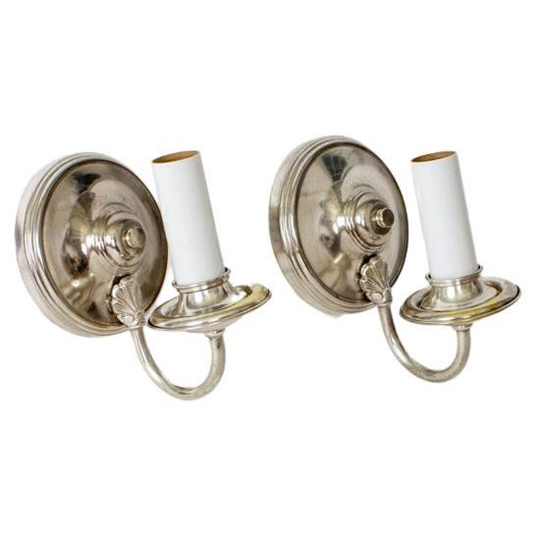 Early 20th Century Silver Plate Sconces with Round Backplates, a Pair ...