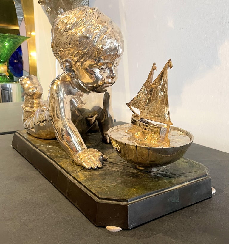 Early 20th Century Silvered Bronze Enfant Jouant Avec Un Bateau For ...