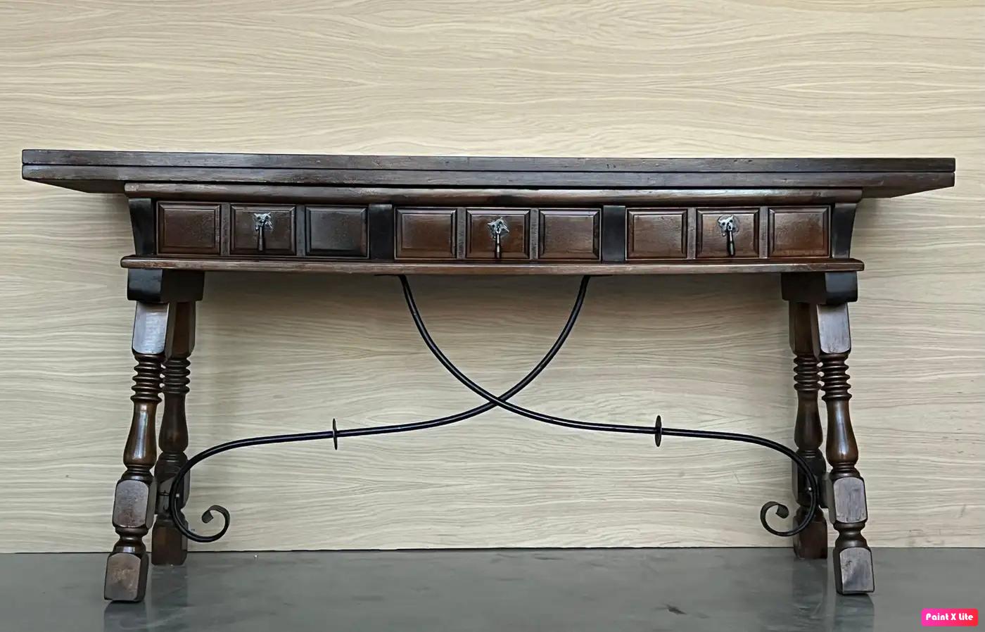 Early 20th Century Spanish Fold Out Console Table with Iron Stretcher ...