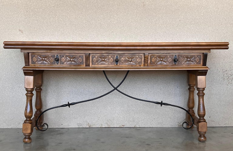 Early 20th Century Spanish Fold Out Console Table with Iron Stretcher ...