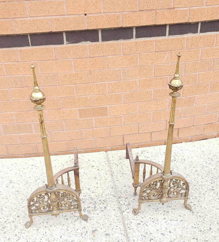 Early 20th Century Tall French Empire Brass and Iron Andirons, Pair For ...