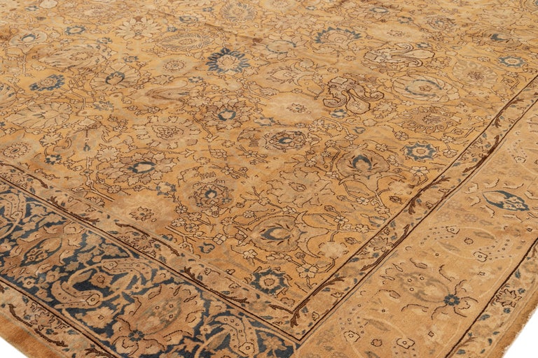 Tan Antique Tabriz Handmade Allover Floral Wool Rug For Sale at 1stDibs