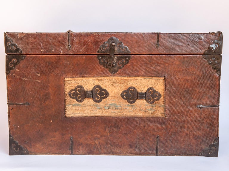 Early 20th Century Tibetan Leather Chest with (distressed) Silk ...