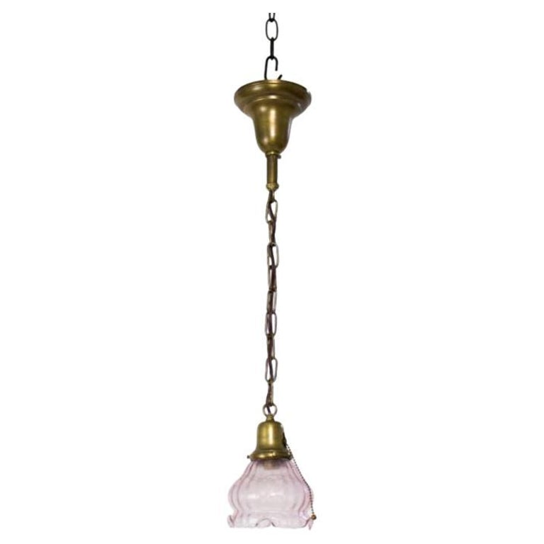 Early 20th Century Traditional Brass Pendant with Pink Vianne Glass For ...