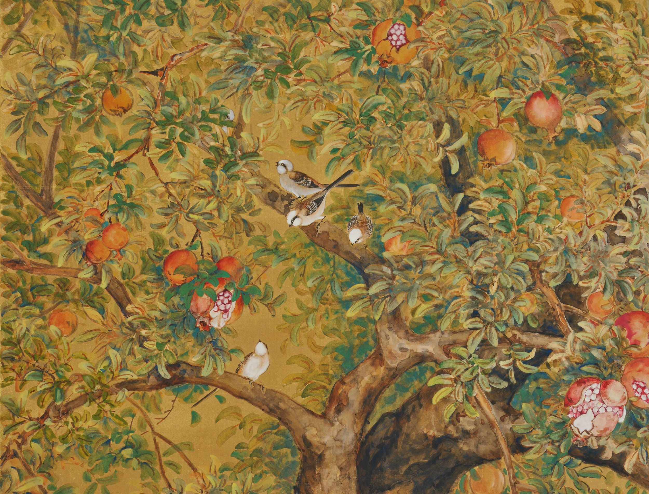 Early 20th Century Two-Panel Japanese Silk Screen, Pomegranate and ...