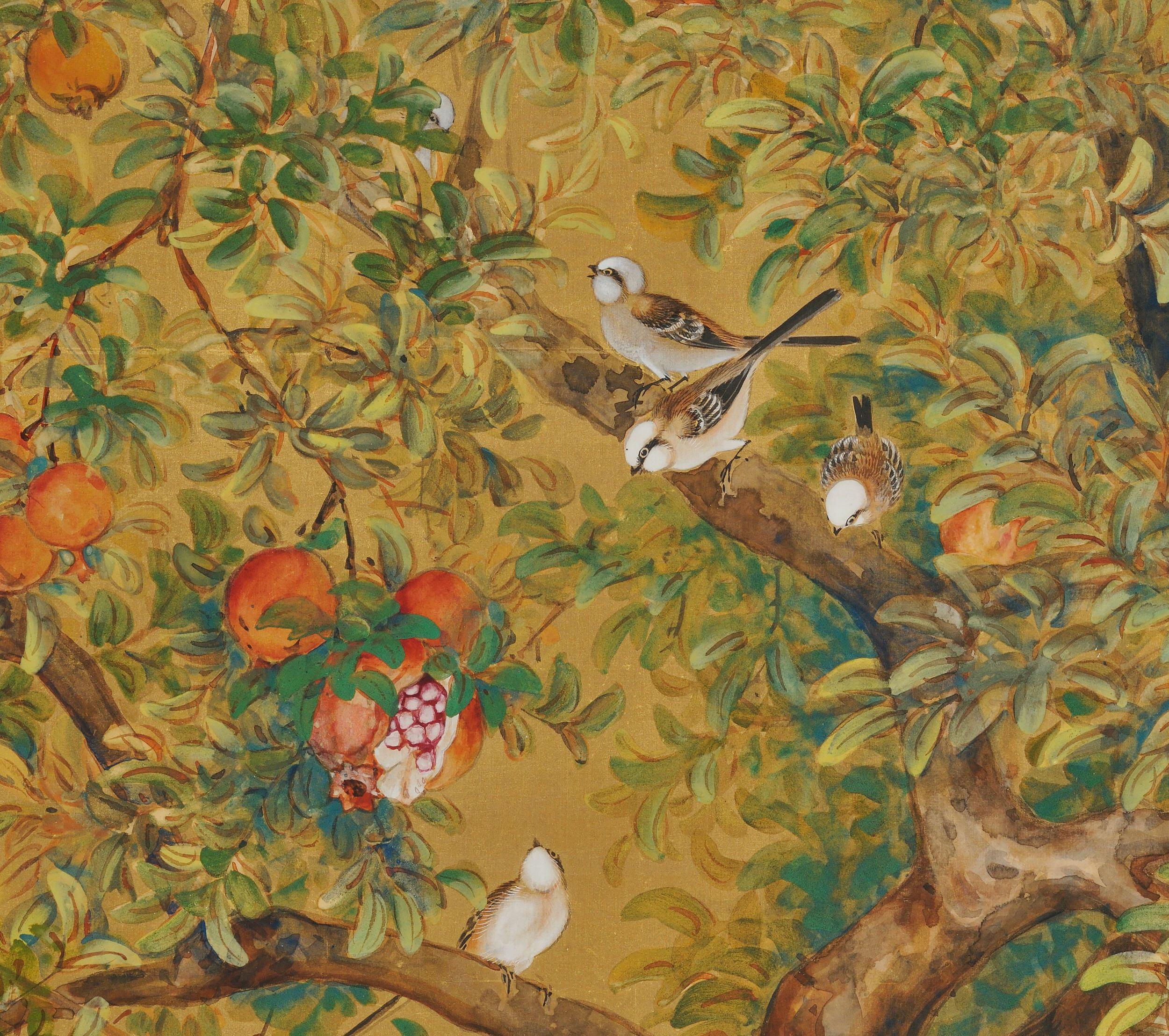 Early 20th Century Two-Panel Japanese Silk Screen, Pomegranate and ...