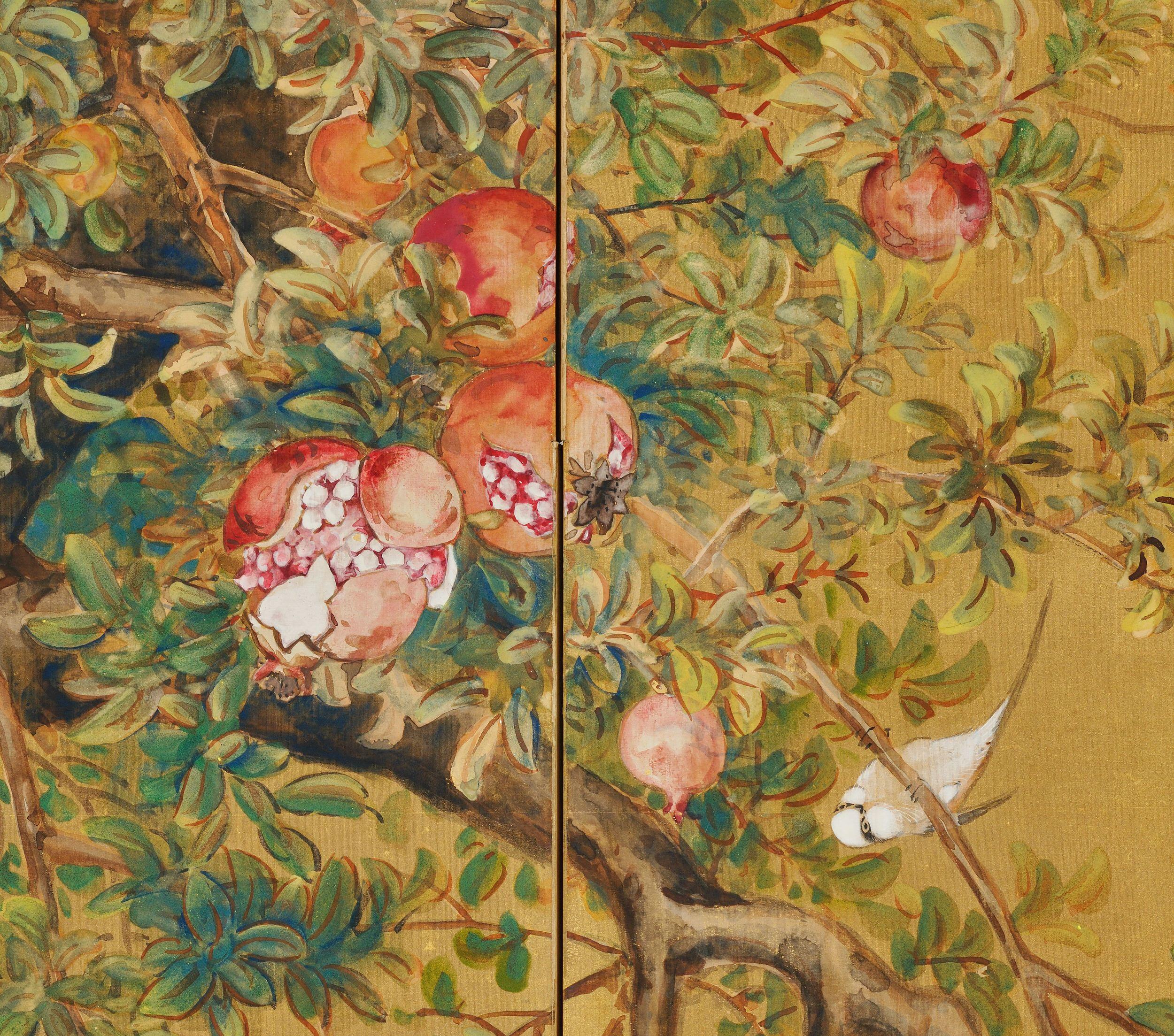 Early 20th Century Two-Panel Japanese Silk Screen, Pomegranate and ...