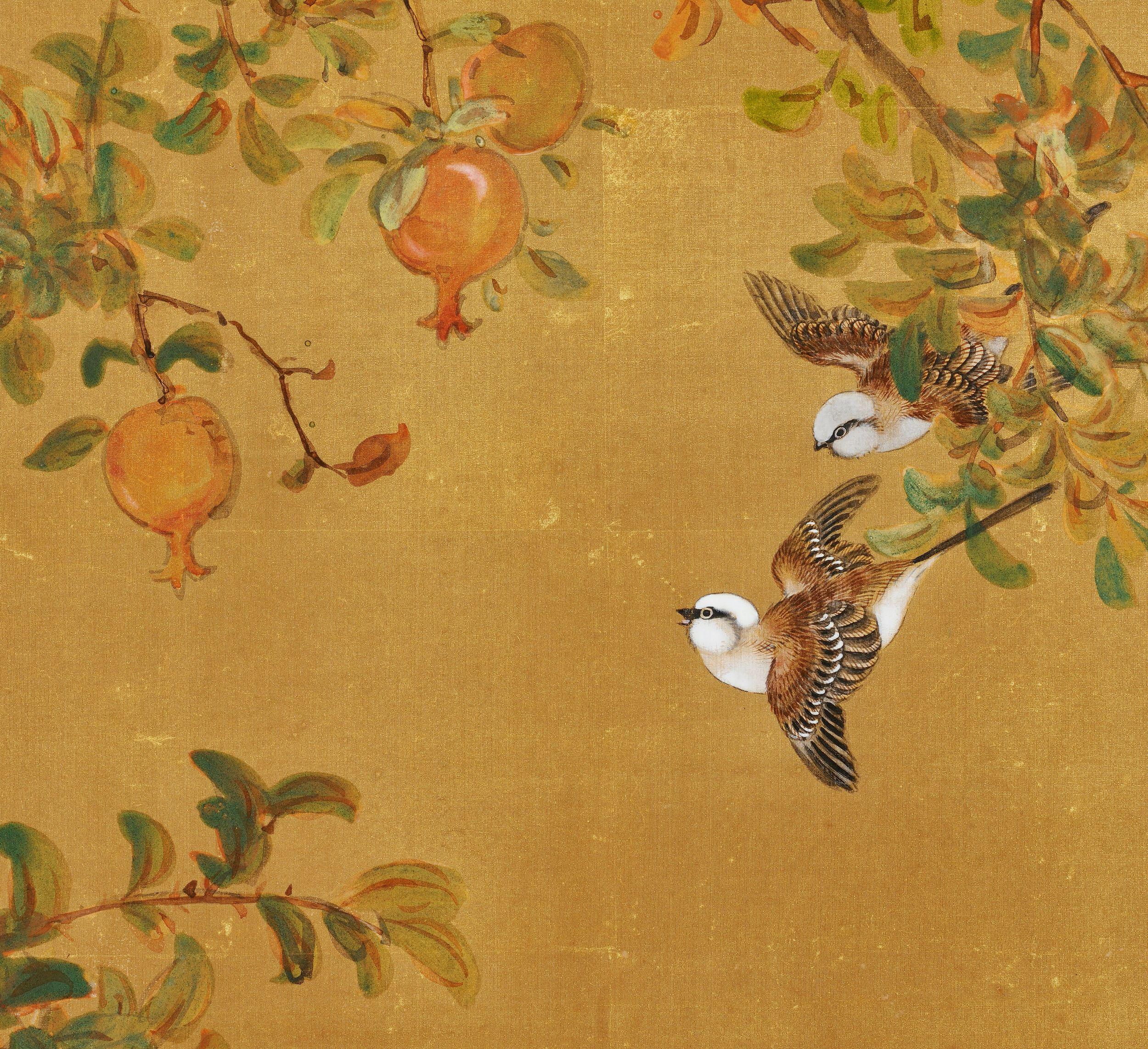 Early 20th Century Two-Panel Japanese Silk Screen, Pomegranate and ...