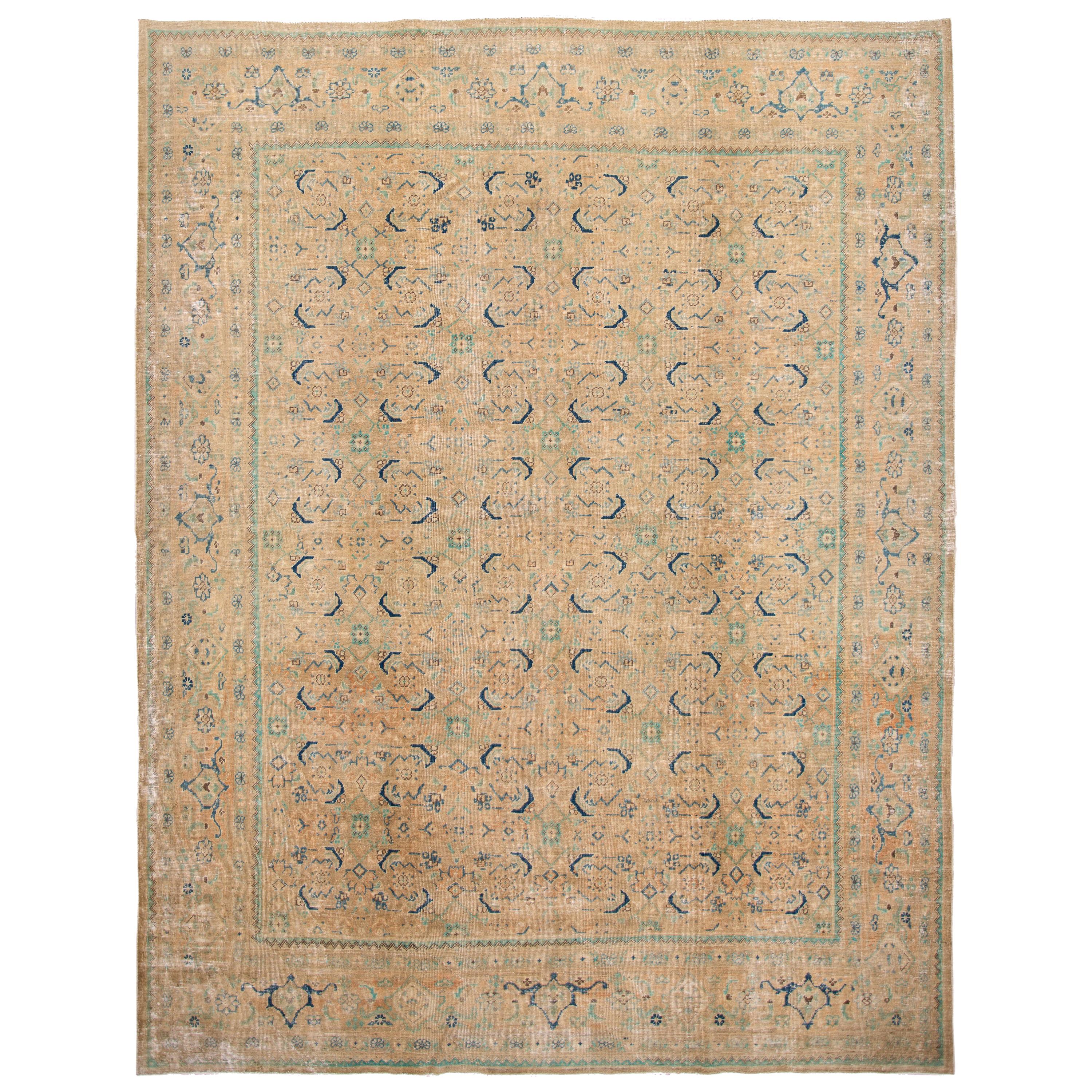 Vintage Distressed Brown and Blue Wool Rug For Sale at 1stDibs