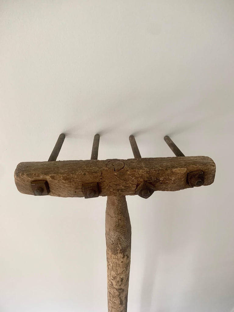 Early 20th Century Wooden Rake on Custom Wall Mount For Sale at 1stDibs
