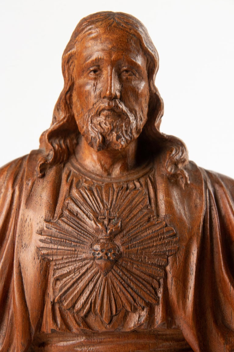 Early 20th century Wooden Sculpture Sacred Heart of Jesus Christ with ...
