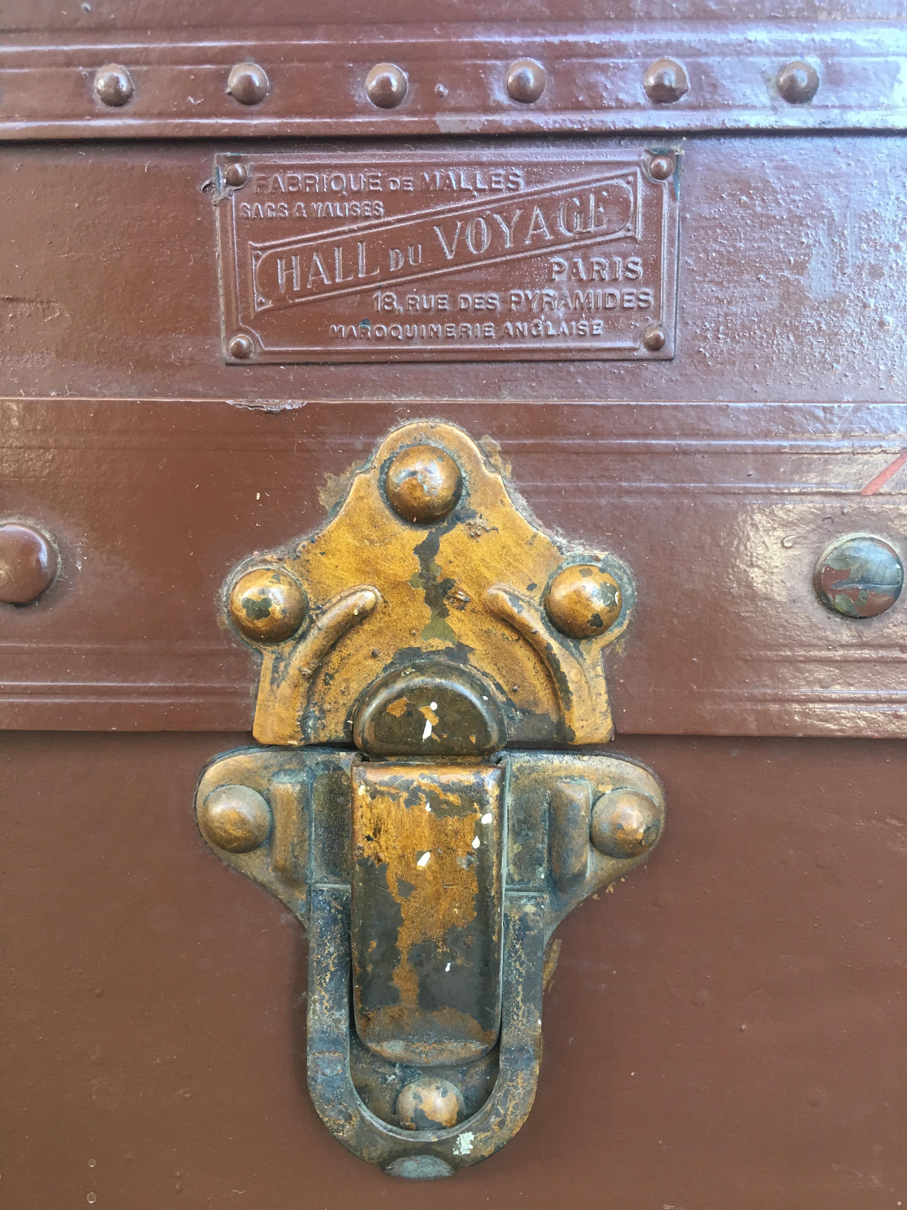 Early 20th Vellum Campaign Trunk Signed by Hall du Voyage, French at ...