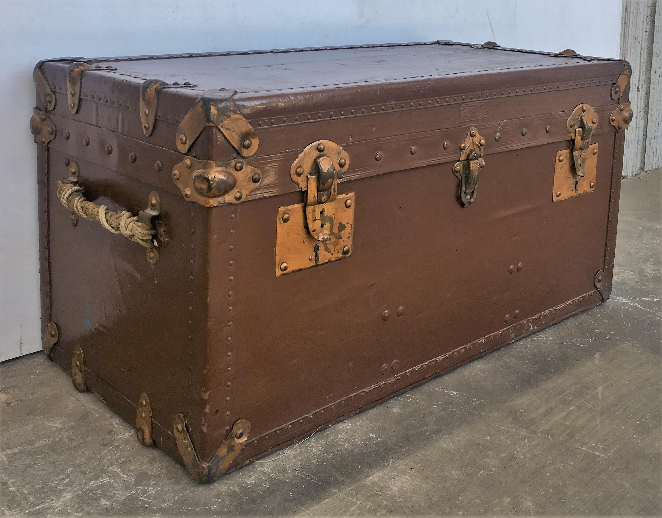 Early 20th Vellum Campaign Trunk Signed by Hall du Voyage, French at ...