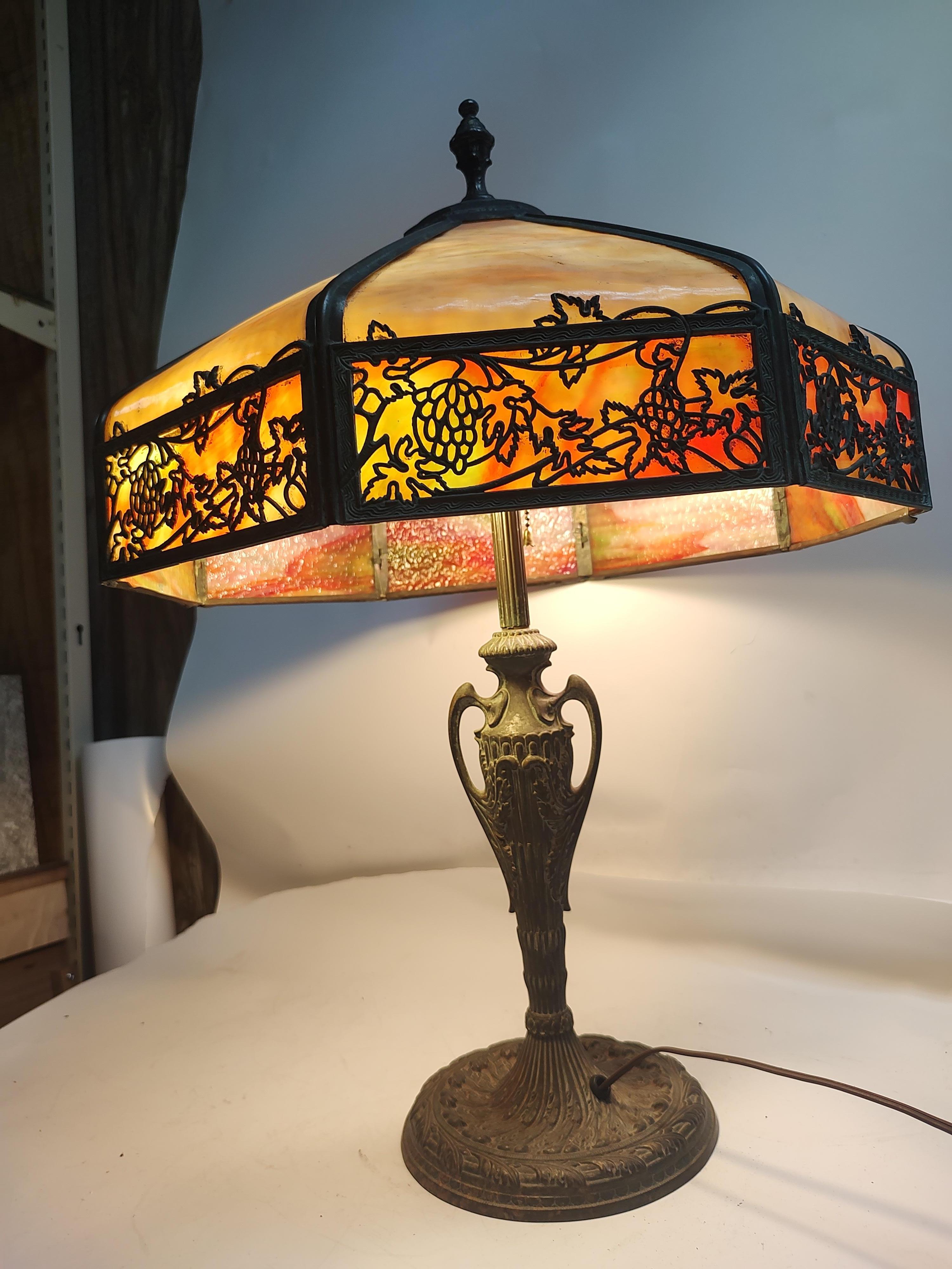 Early 20thc Bent Slag Glass Paneled Bronze Table Lamp style of Handel ...