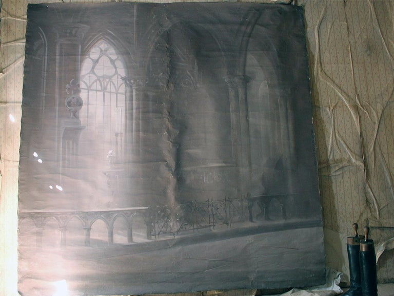 French Painted Canvas Trompe L'oeil Cathedral Theatre Backdrop at 1stDibs