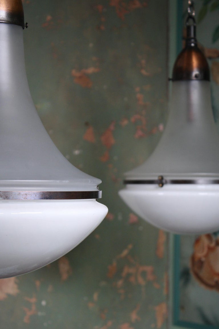 Pair of Peter Behrens Copper Opaline and Frosted Glass Pendants Lights ...