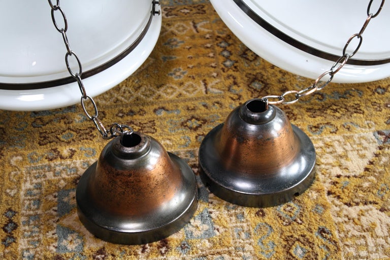 Pair of Peter Behrens Copper Opaline and Frosted Glass Pendants Lights ...