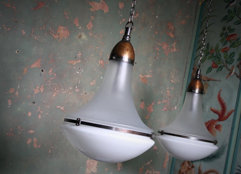 Pair of Peter Behrens Copper Opaline and Frosted Glass Pendants Lights ...