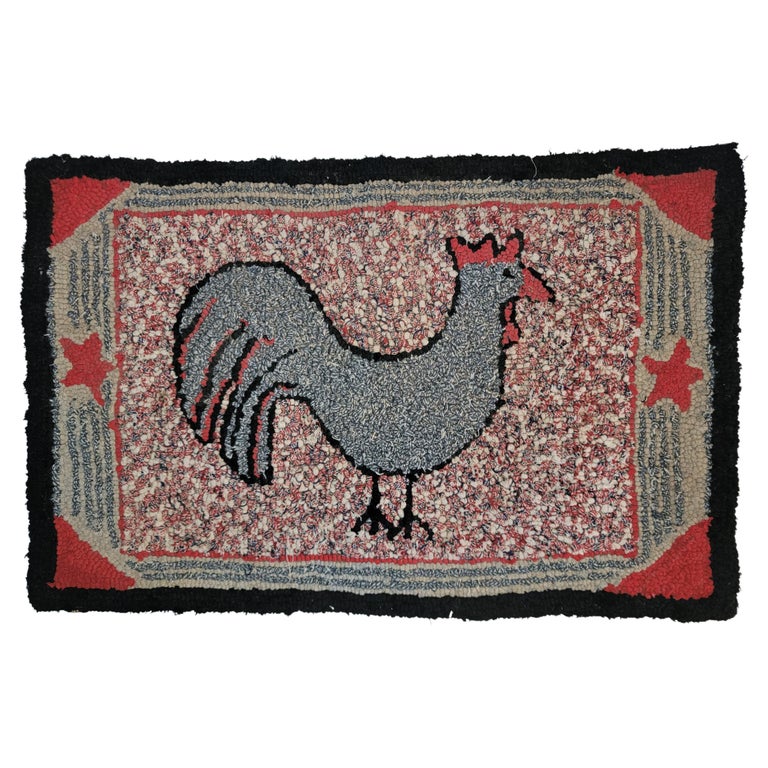 Early 20th C Rooster and Stars Hand Hooked Rug at 1stDibs