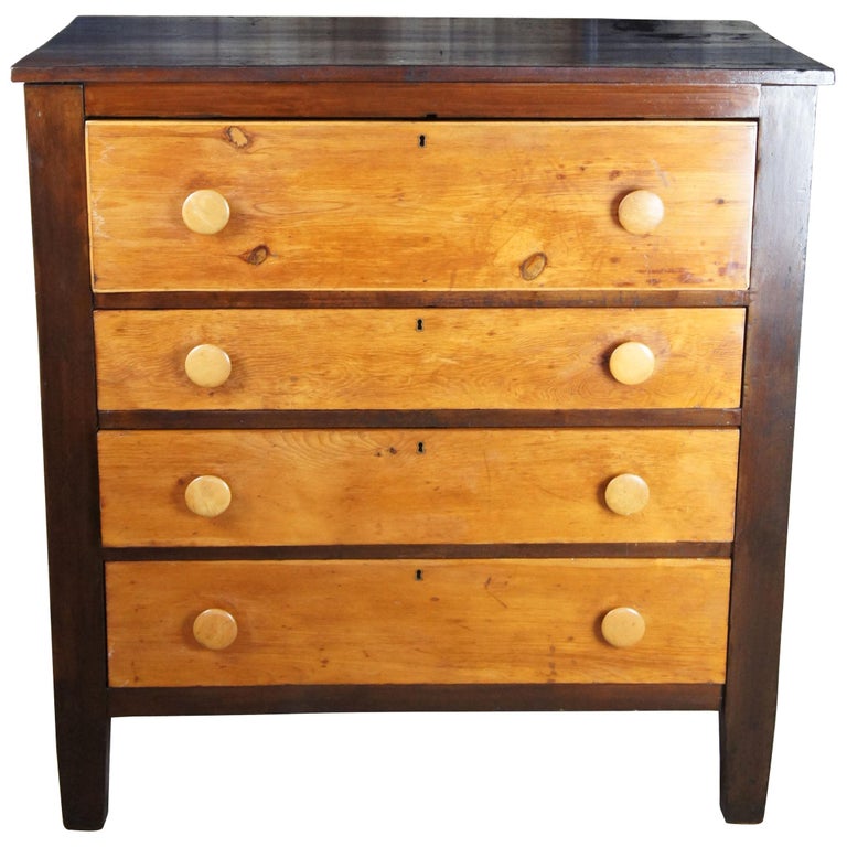 Early American Antique Pine 4-Drawer Tallboy Chest Rustic Primitive ...