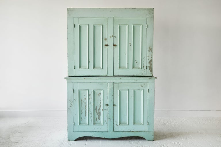 Early American Four Door Step Back Cupboard at 1stDibs