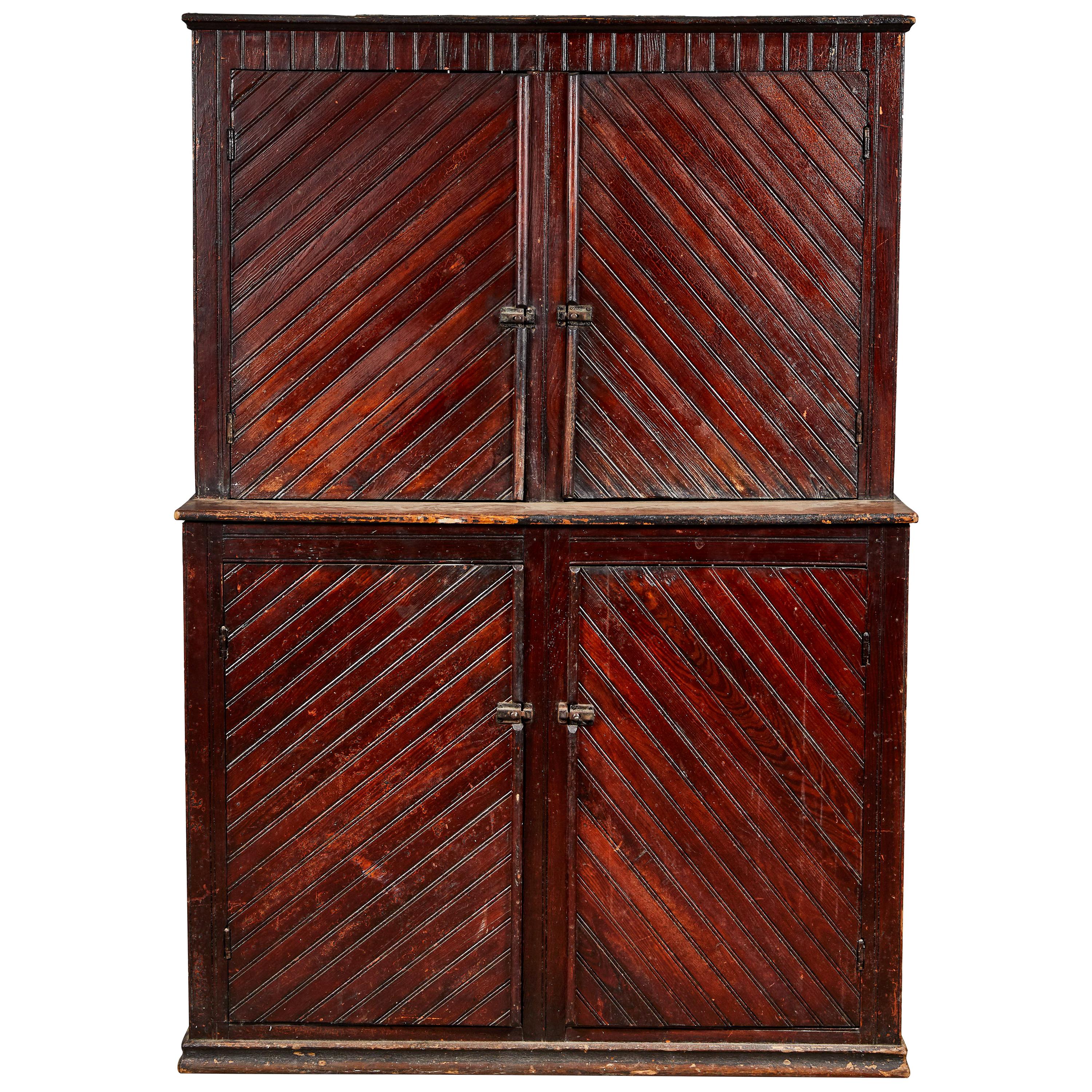 Early American Hutch with Diagonal Slatted Wood Paneling at 1stDibs