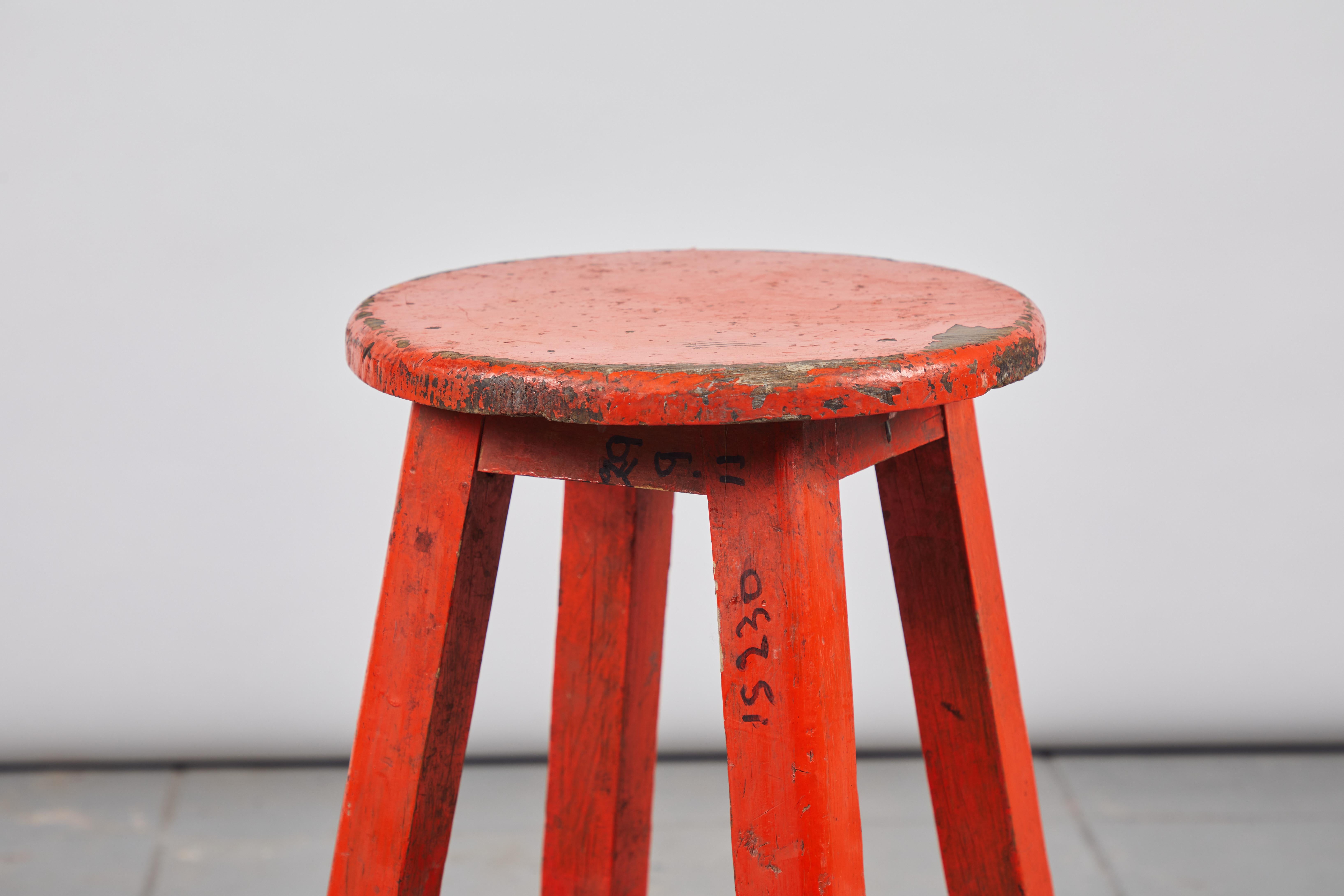 Early American Rustic Red/ Orange Rustic Stool at 1stDibs