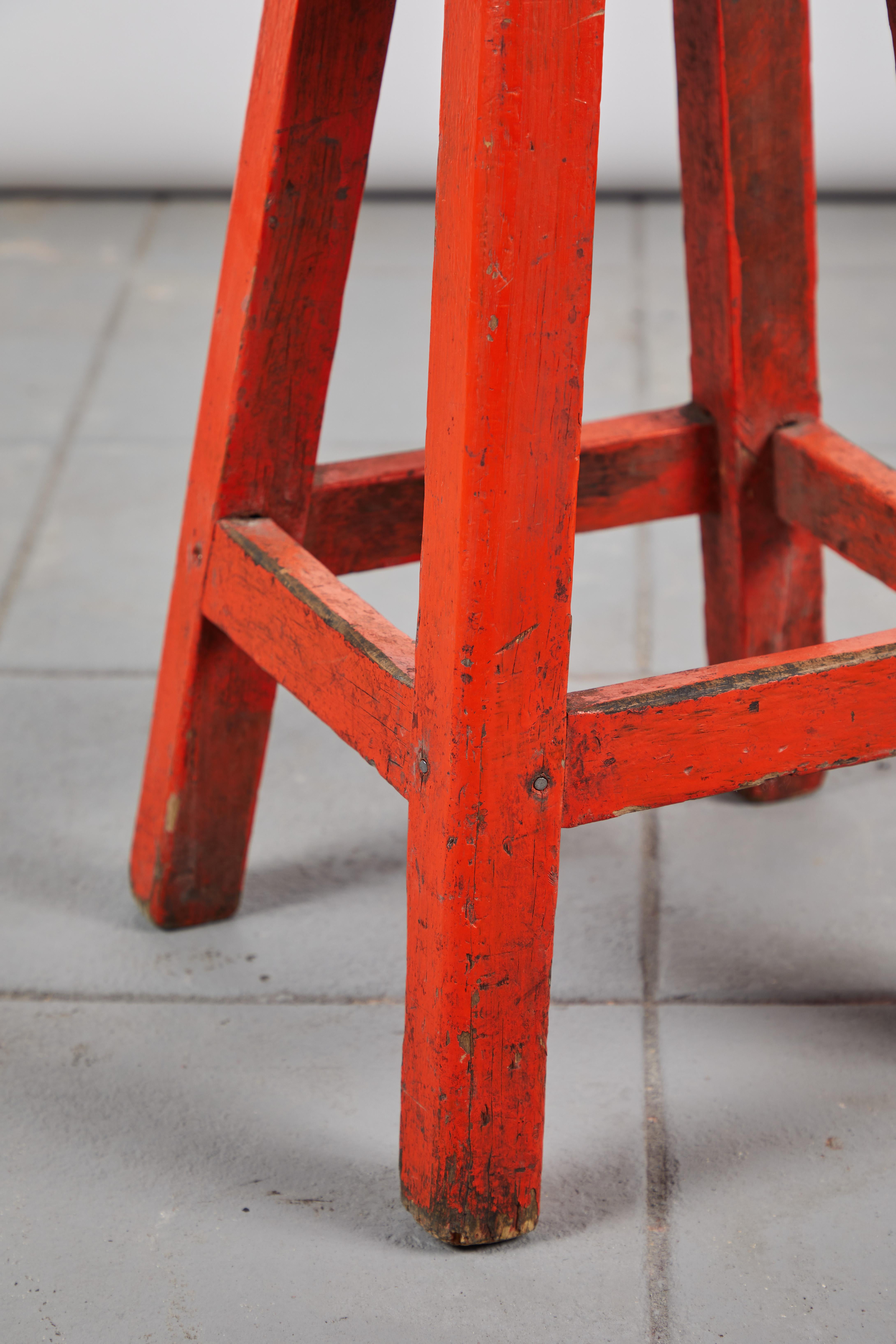 Early American Rustic Red/ Orange Rustic Stool at 1stDibs