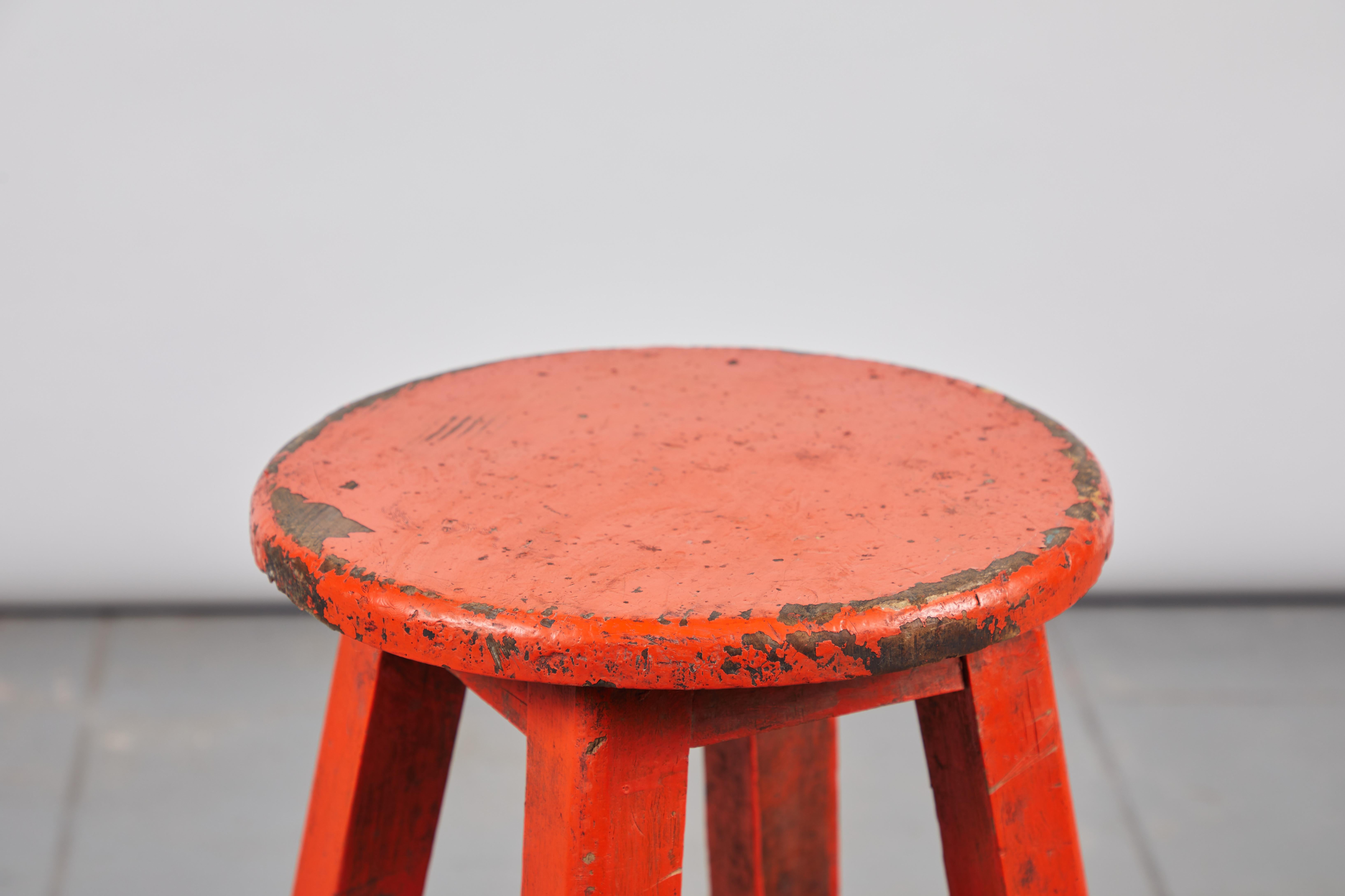 Early American Rustic Red/ Orange Rustic Stool at 1stDibs