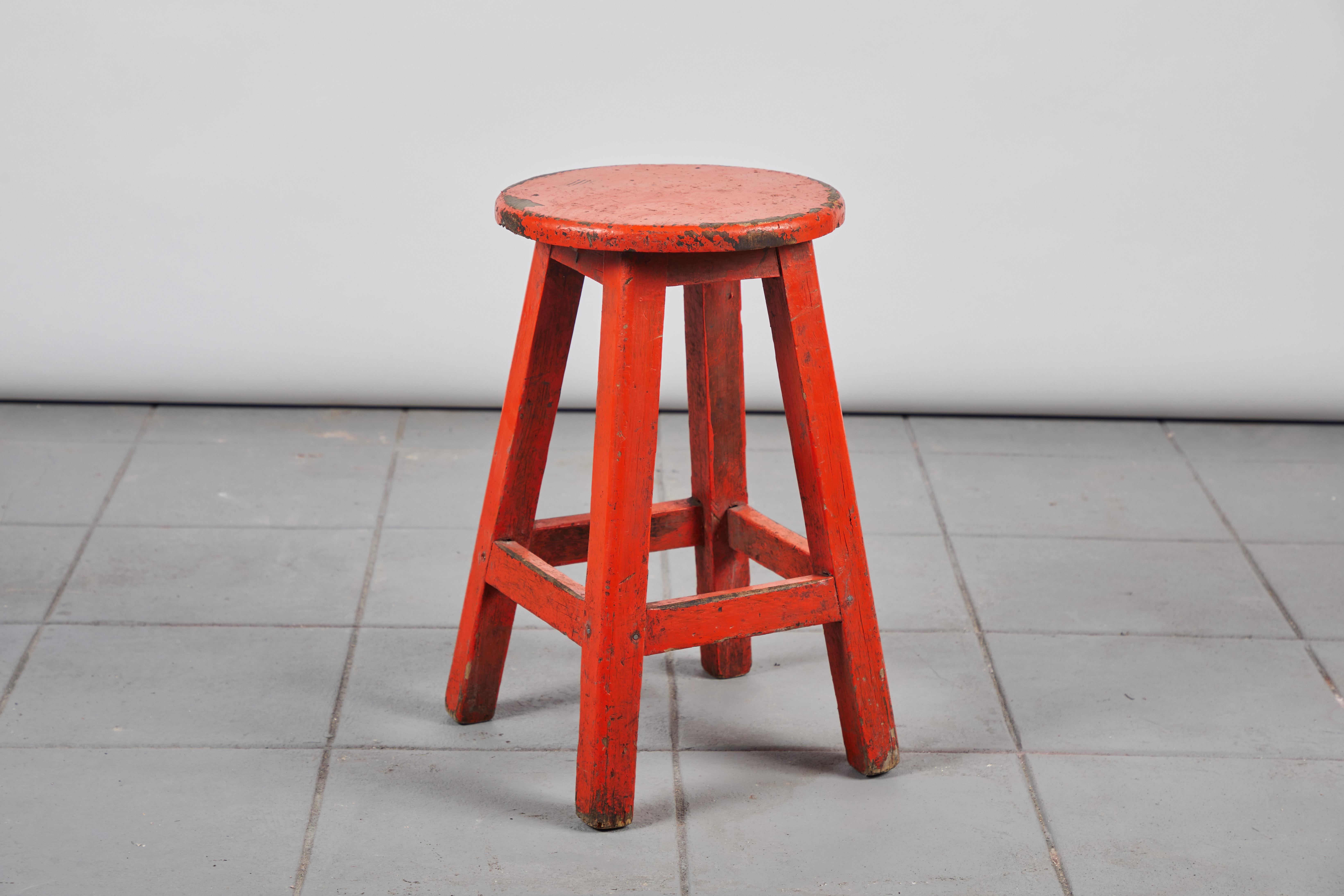 Early American Rustic Red/ Orange Rustic Stool at 1stDibs