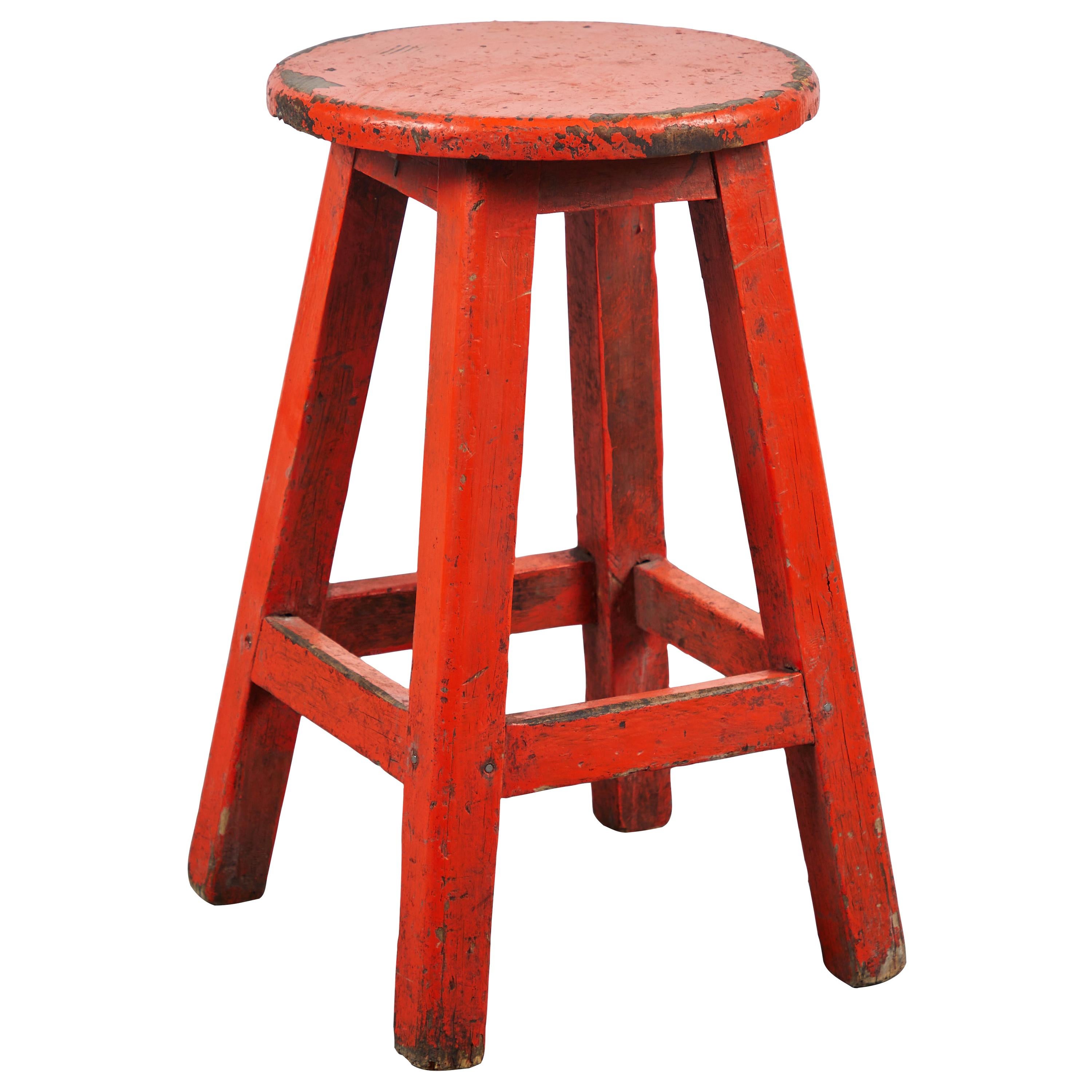 Early American Rustic Red/ Orange Rustic Stool at 1stDibs
