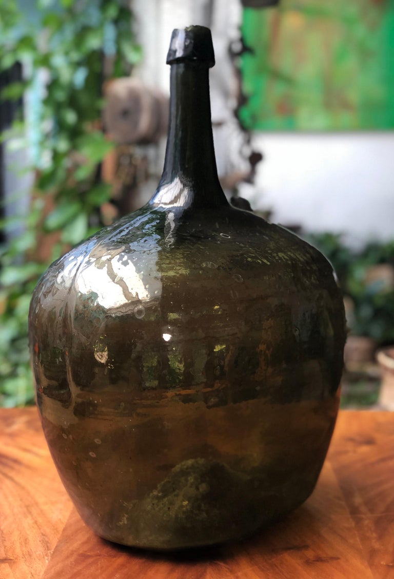 Early Antique American Blown Glass Dark Green Demijohn Bottle at ...