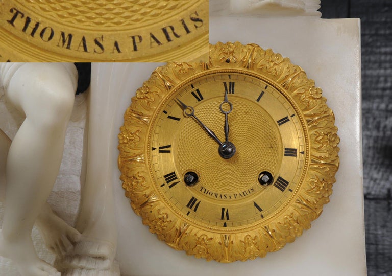 Early Antique French Alabaster Clock Set, Cupid L’Amour Menaçant after Falconet For Sale at 1stDibs