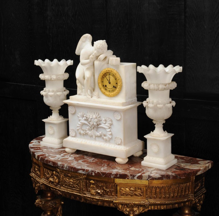 Early Antique French Alabaster Clock Set, Cupid L’Amour Menaçant after ...