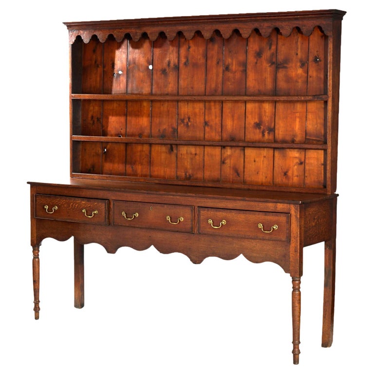 Early Antique Welsh Oak and Mahogany Stepback Pewter Cupboard, 18th C ...