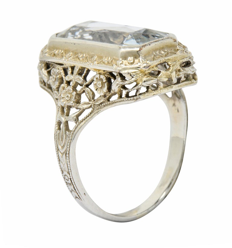 Early Art Deco Aquamarine 14 Karat White Gold Floral Lace Ring at 1stDibs