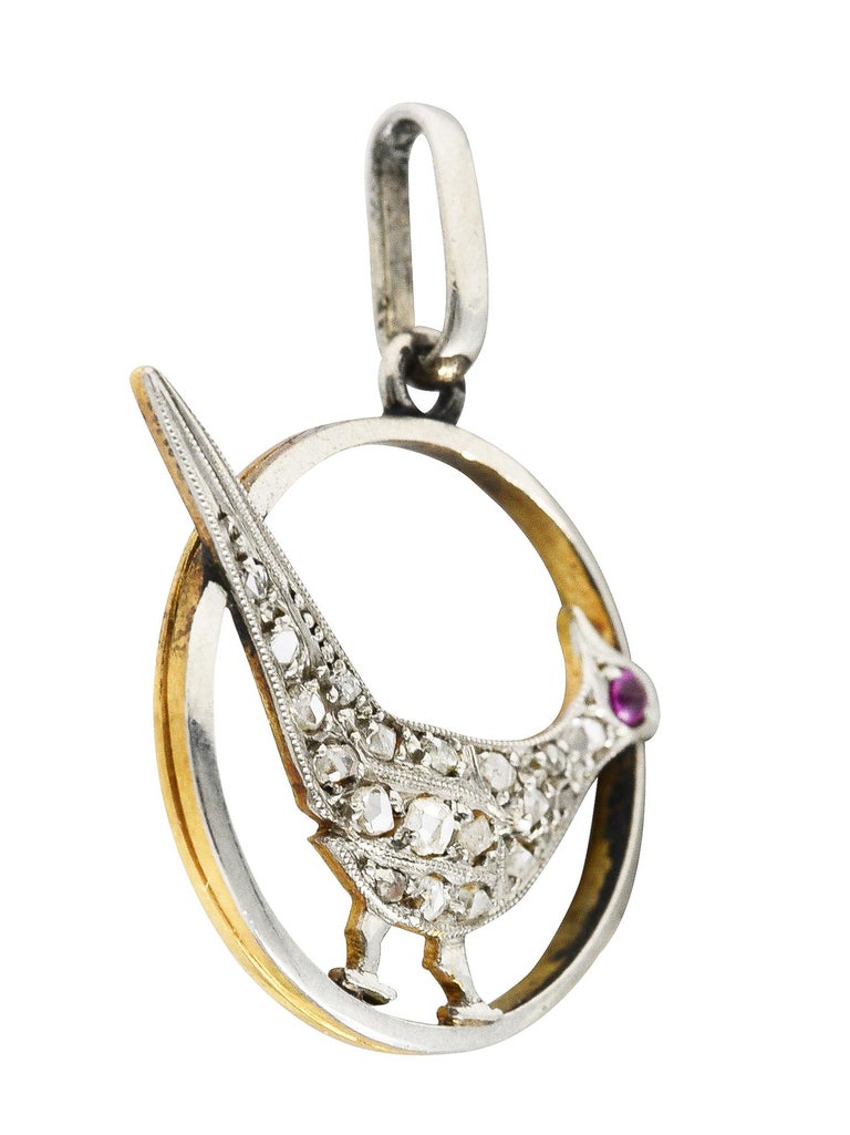 Early Art Deco Diamond Ruby Platinum-Topped 18 Karat Yellow Gold Bird ...