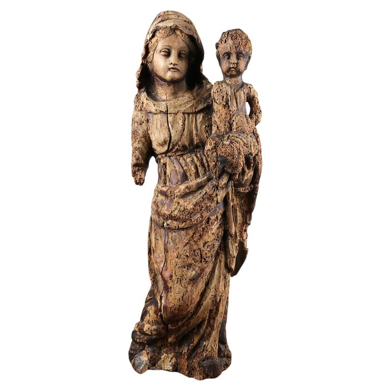 Early Carved Lime Wood Madonna and Child Statue, 20th Century For Sale at 1stDibs