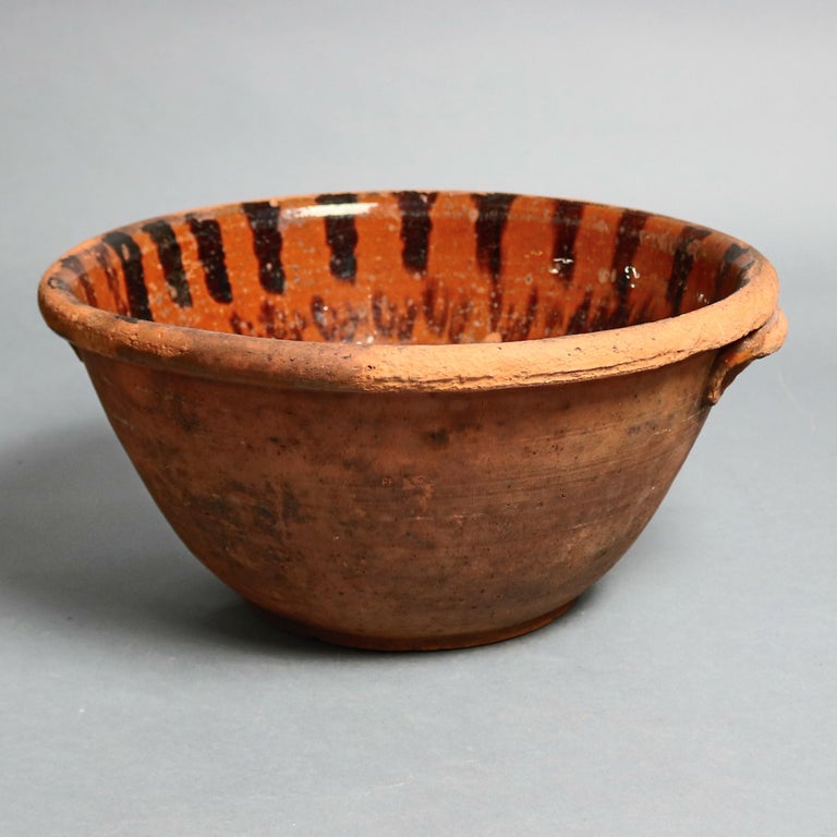 Early Decorated Redware Handled Mixing Bowl, circa 1840 For Sale at 1stDibs