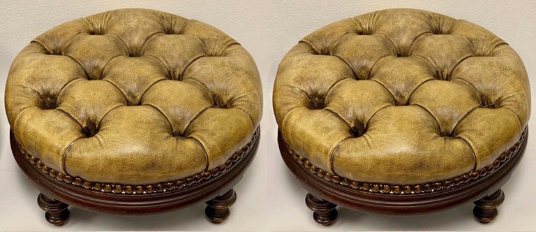 Early English Tufted Gold Leather Chesterfield Ottomans, a Pair For ...