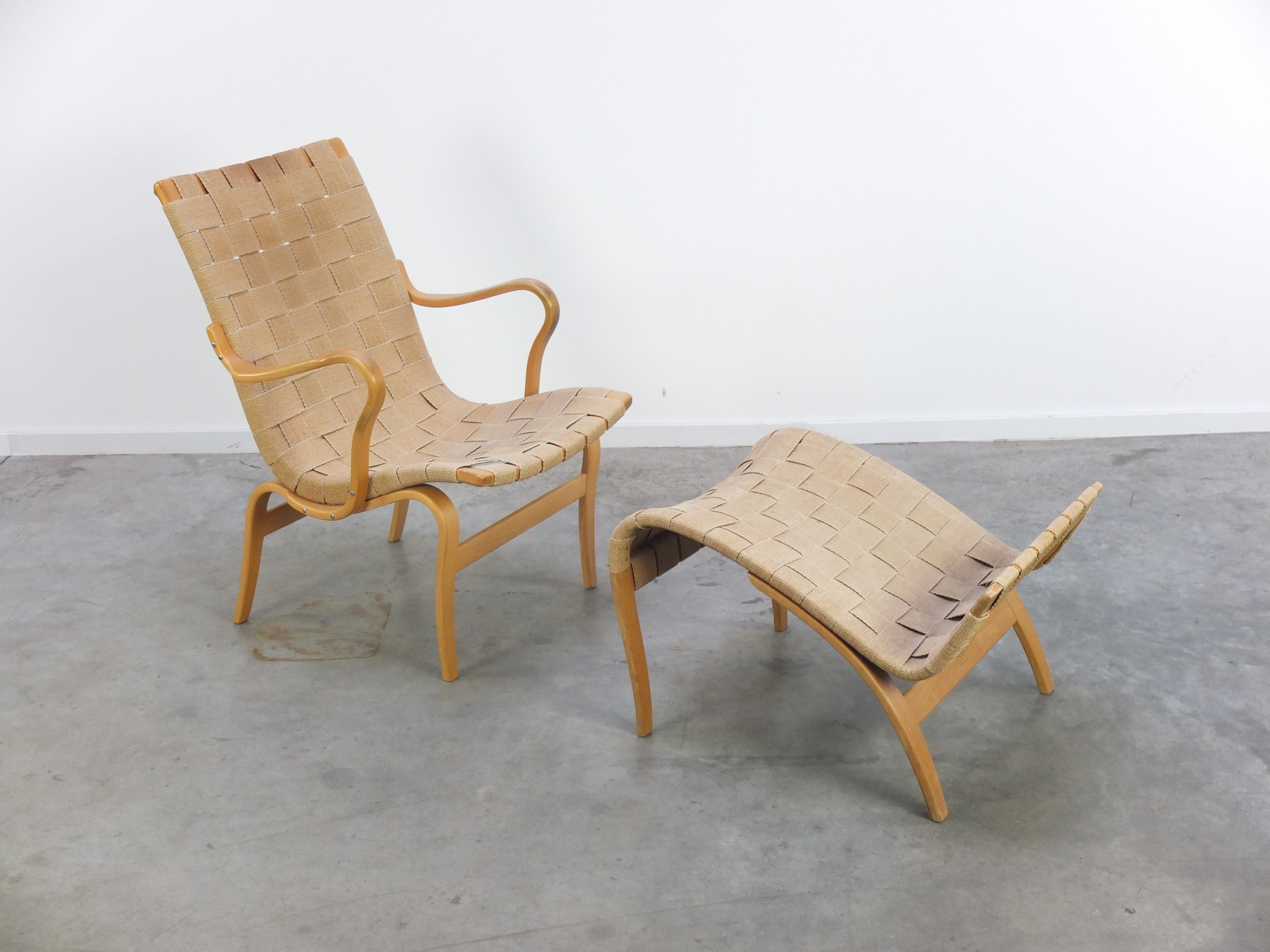 Early 'Eva' Lounge Chair with Ottoman by Bruno Mathsson for Karl Mathsson, 1941 at 1stDibs