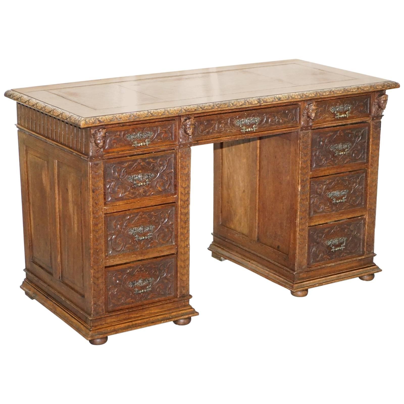 Early Gothic Style Hand-Carved English Oak Twin Pedestal Desk Leather ...
