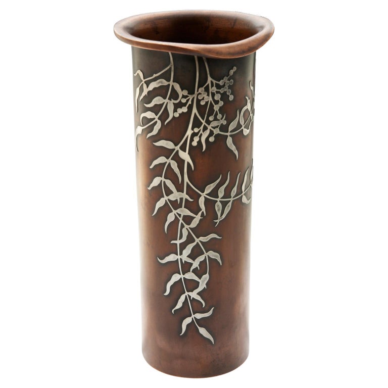 Early Heintz Art Metal Shop Sterling on Bronze Rolled Top Vase at 1stDibs