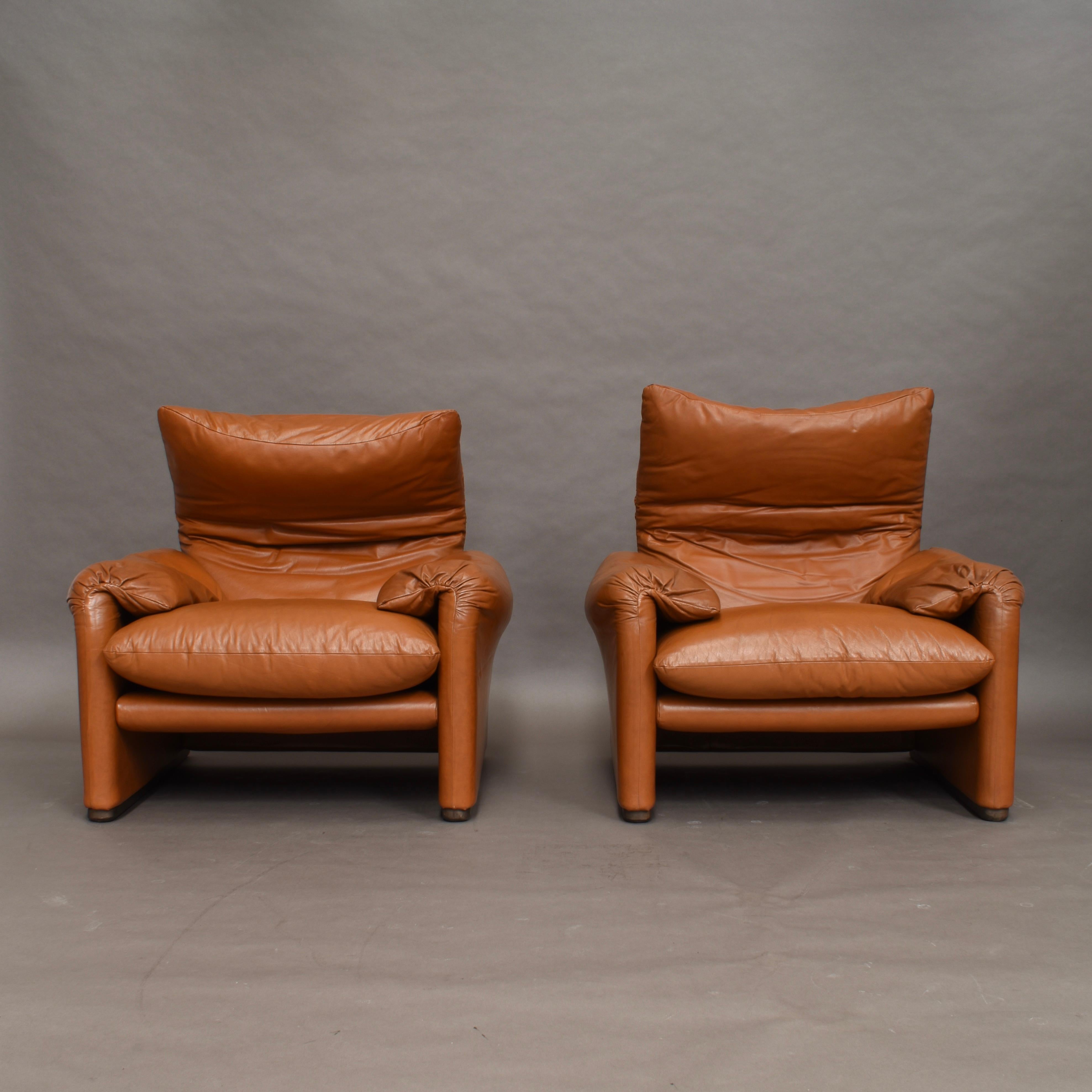Early Maralunga Armchairs in Leather by Vico Magistretti for Cassina ...