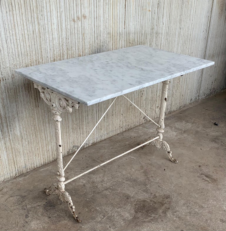 Early Metal Bistro Side Table with White Marble Top from France, circa ...